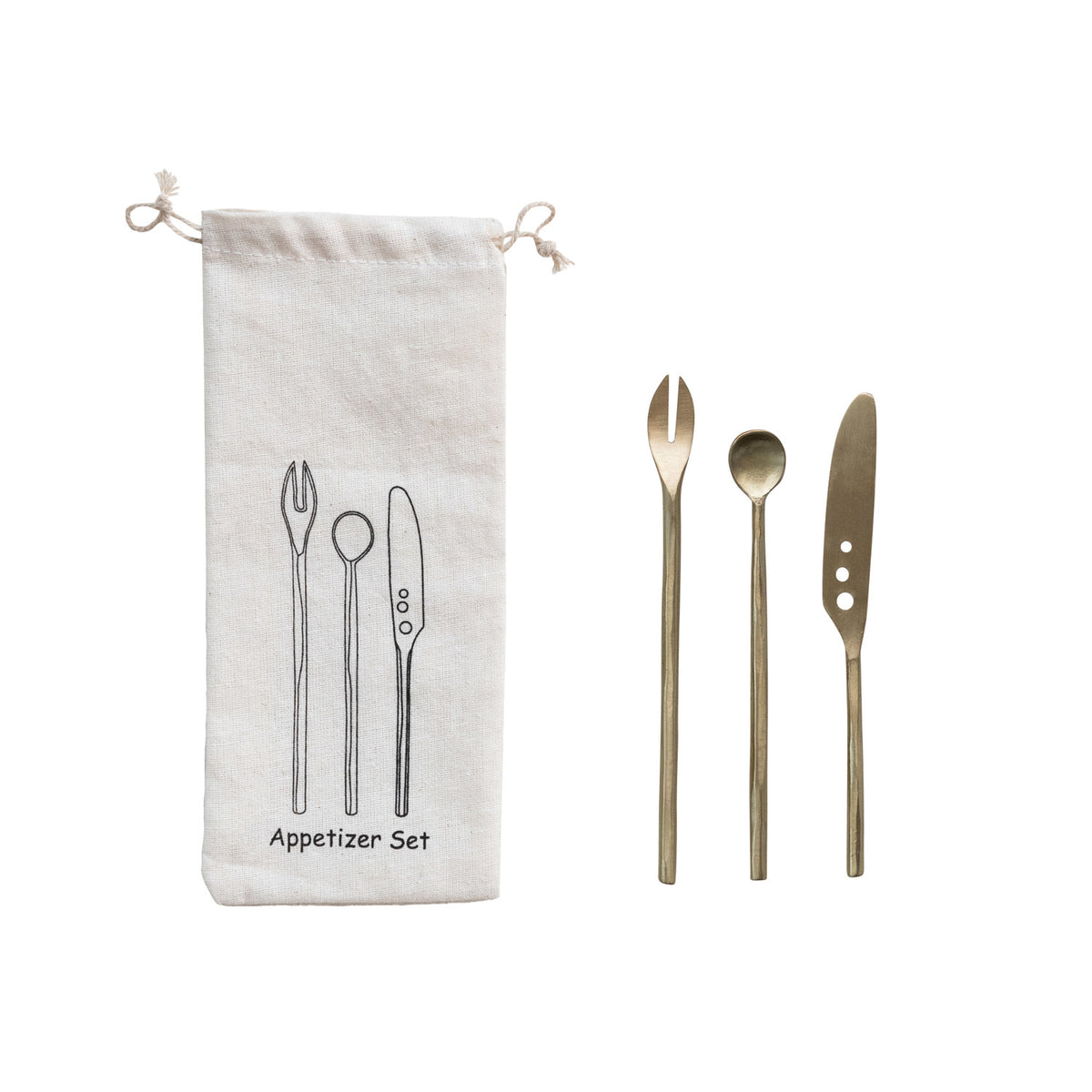 Brass Appetizer Cutlery, Matte Finish, Set of 3 in Printed Drawstring ...