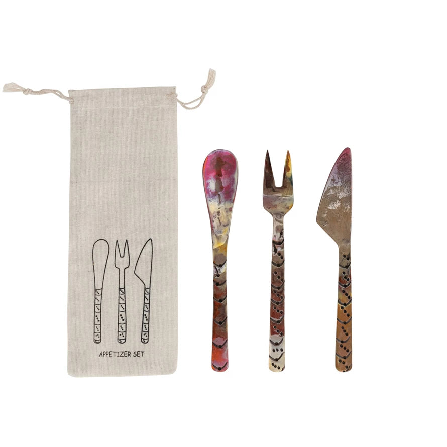 Brass Appetizer Cutlery, Matte Finish, Set of 3 in Printed Drawstring ...