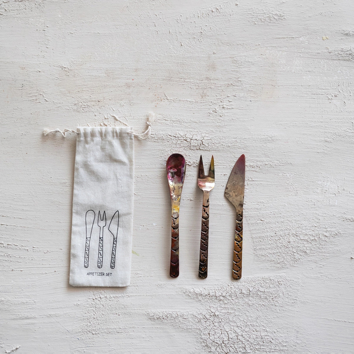 Brass Appetizer Cutlery, Matte Finish, Set of 3 in Printed Drawstring ...